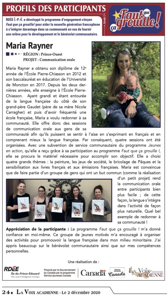 Le projet FQCG de Maria Rayner à l’honneur – RDÉE Île-du-Prince-Édouard